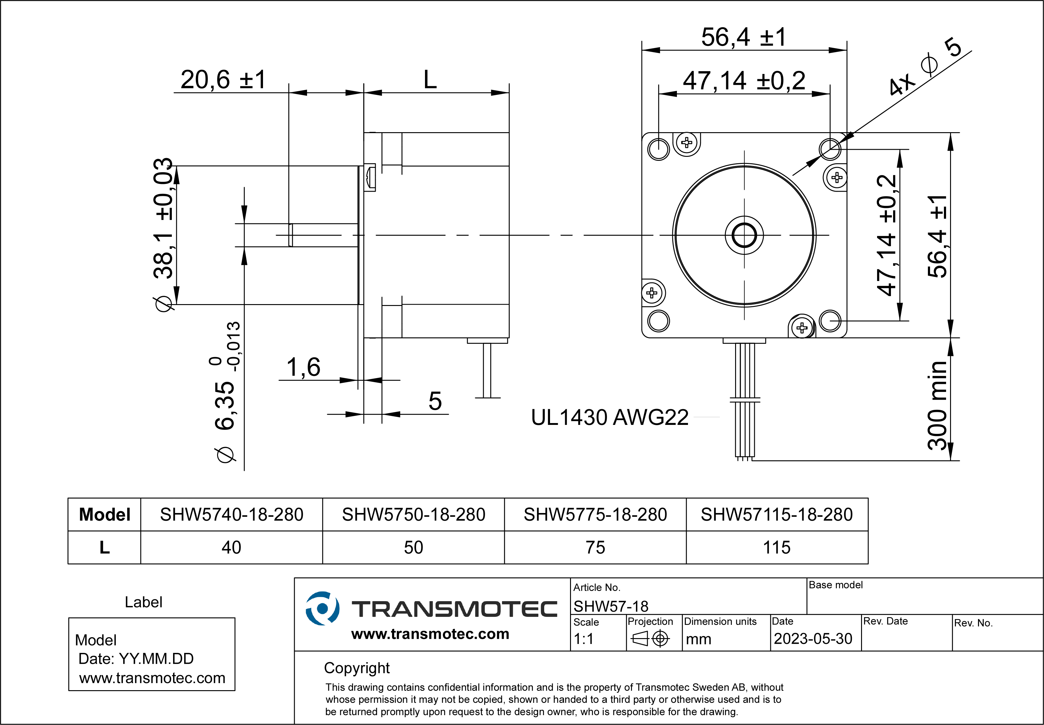 Stepping motor 1.8° 1.9Nm 2.8A 57x57mm Cable - Transmotec