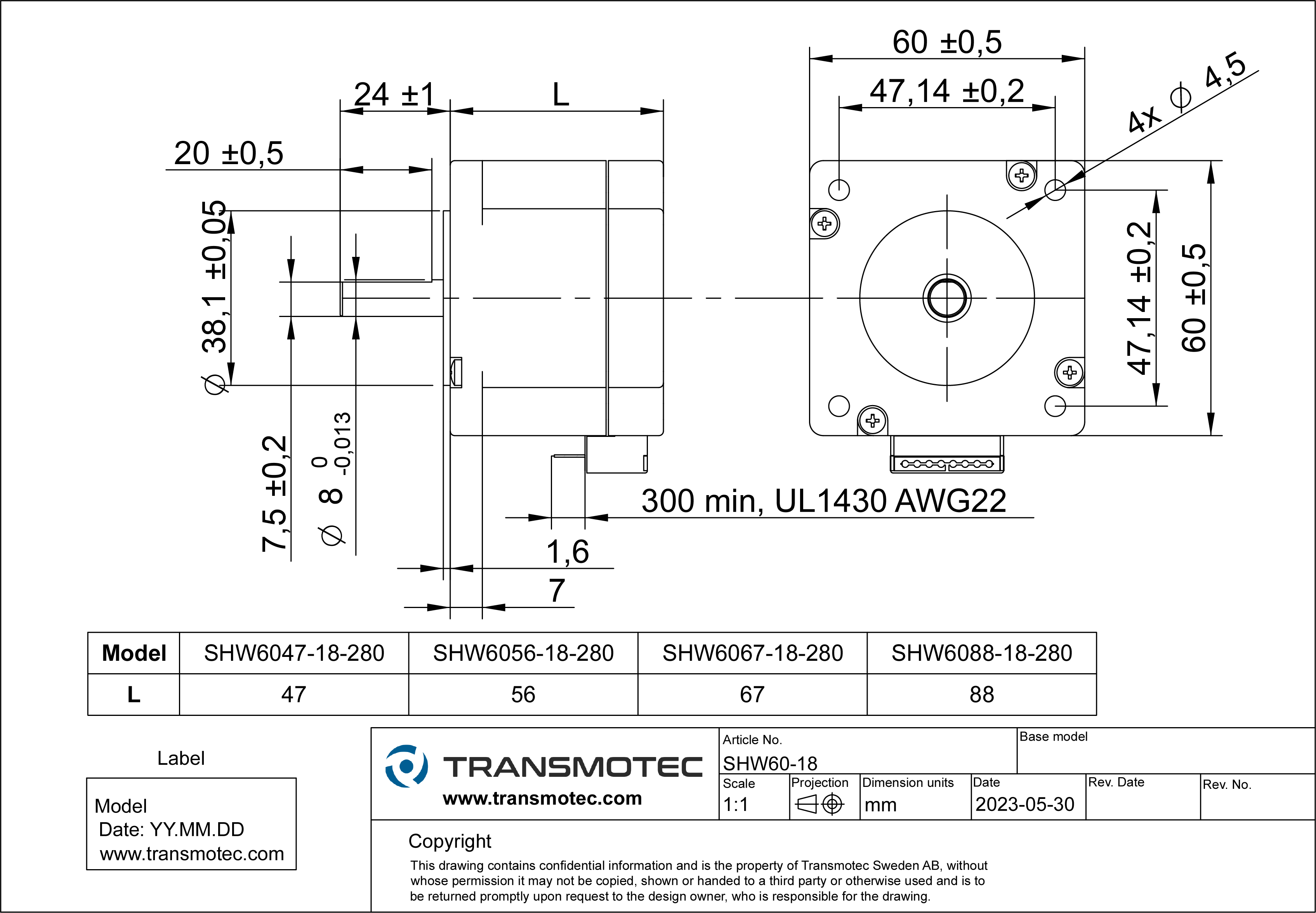Stepping motor 1.8° 1.7Nm 2.8A 60x60mm Cable - Transmotec